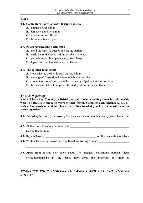 Arkusz, Matura Język angielski w klasach dwujęzycznych 2012